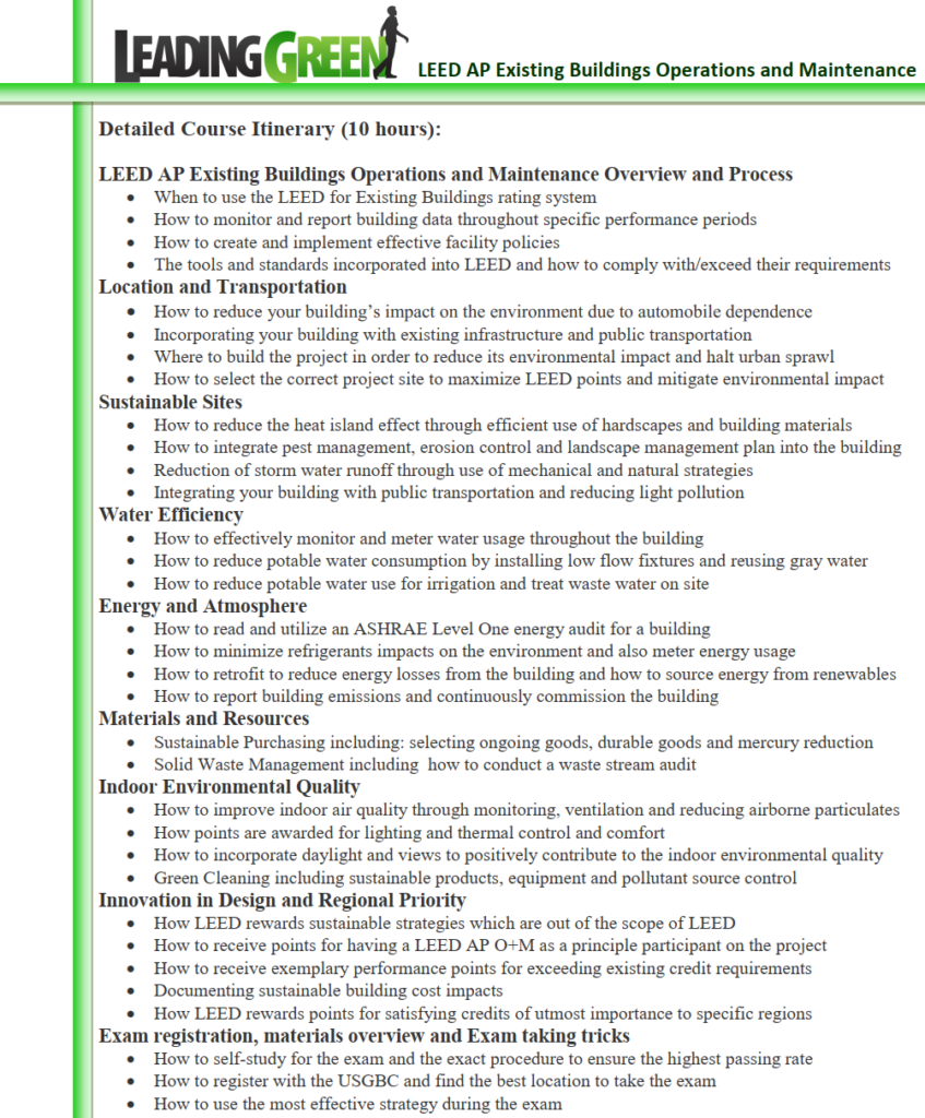 LEED AP OM Course Itinerary | LeadingGREEN